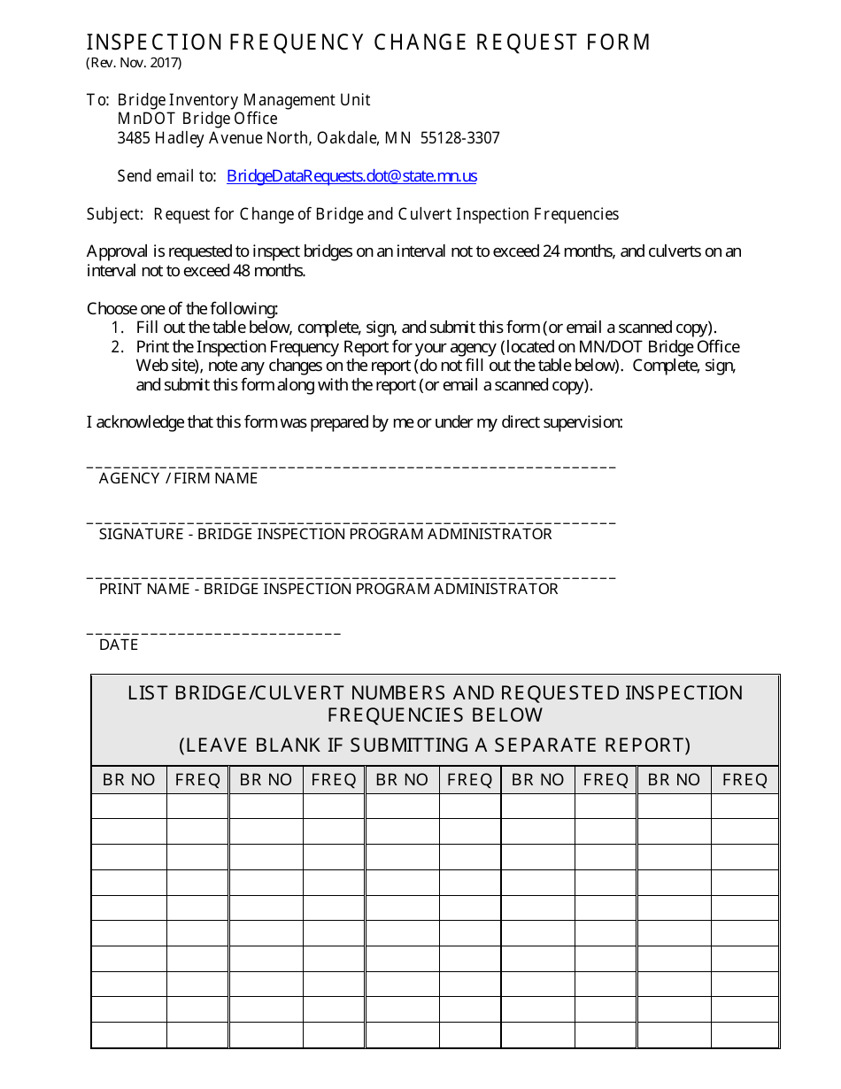 Minnesota Inspection Frequency Change Request Form - Fill Out, Sign ...