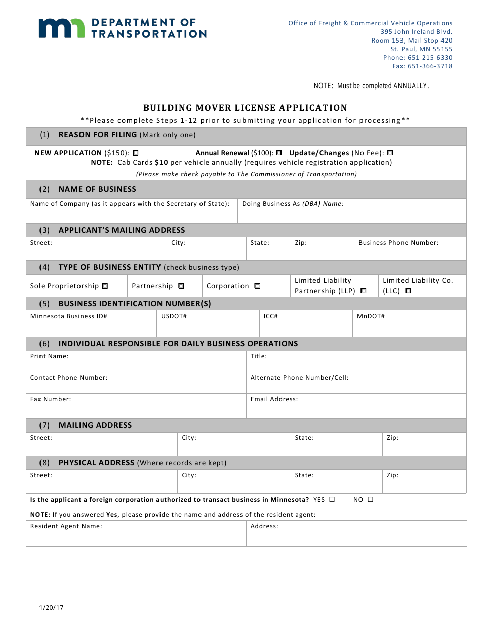 Minnesota Building Mover License Application Form - Fill Out, Sign ...