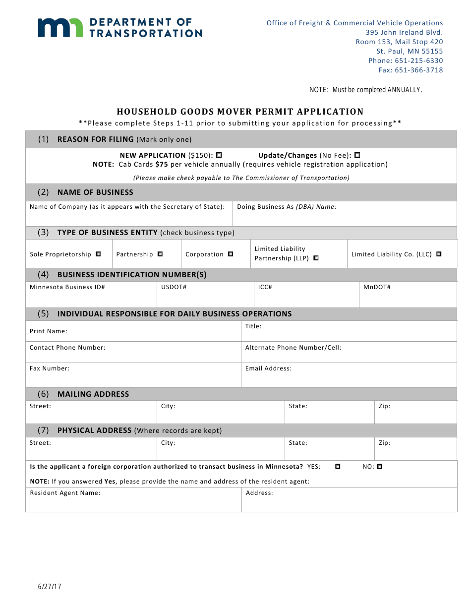 Minnesota Household Goods Mover Permit Application Form - Fill Out ...