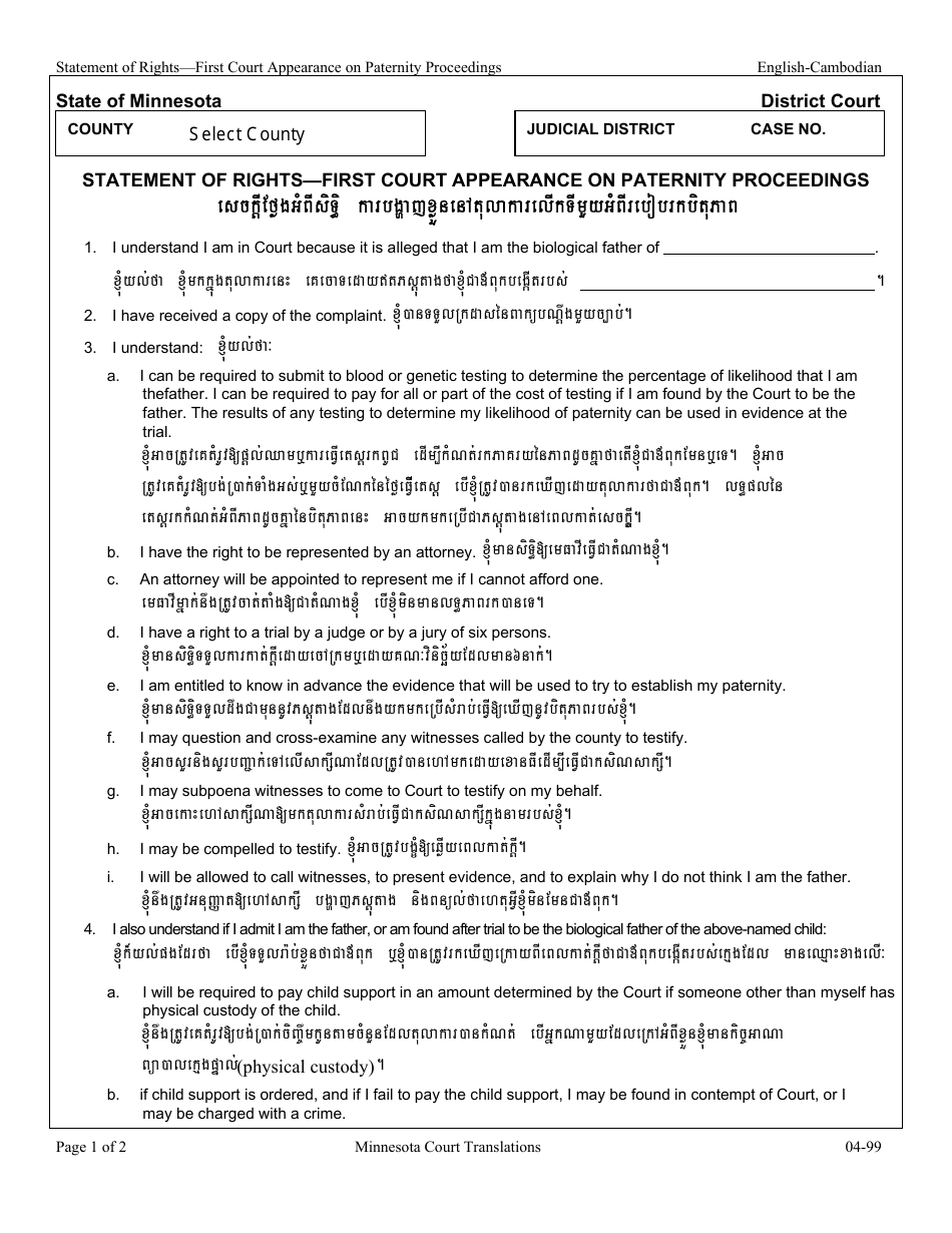 Minnesota Statement of Rights - First Court Appearance on Paternity ...