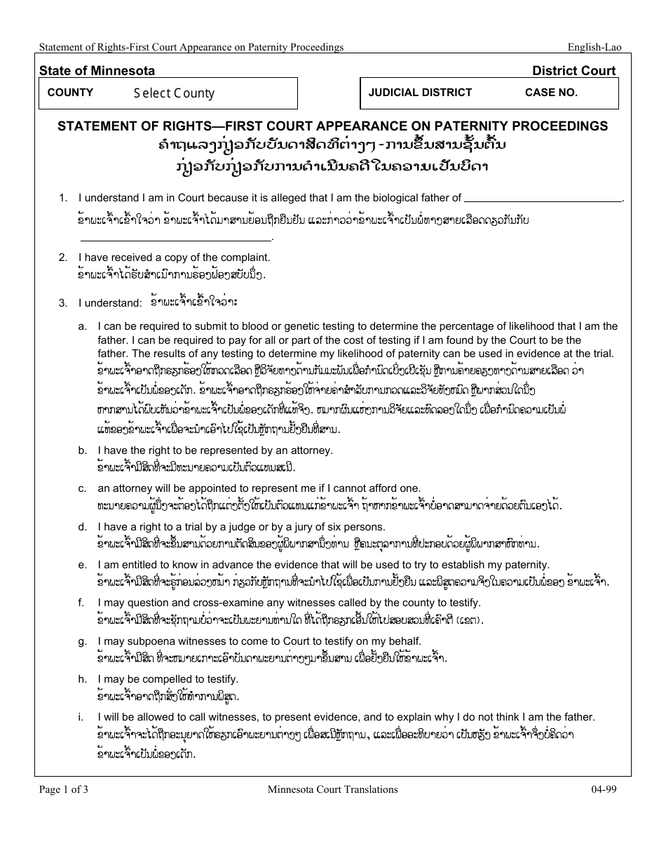 Minnesota Statement of Rights - First Court Appearance on Paternity ...