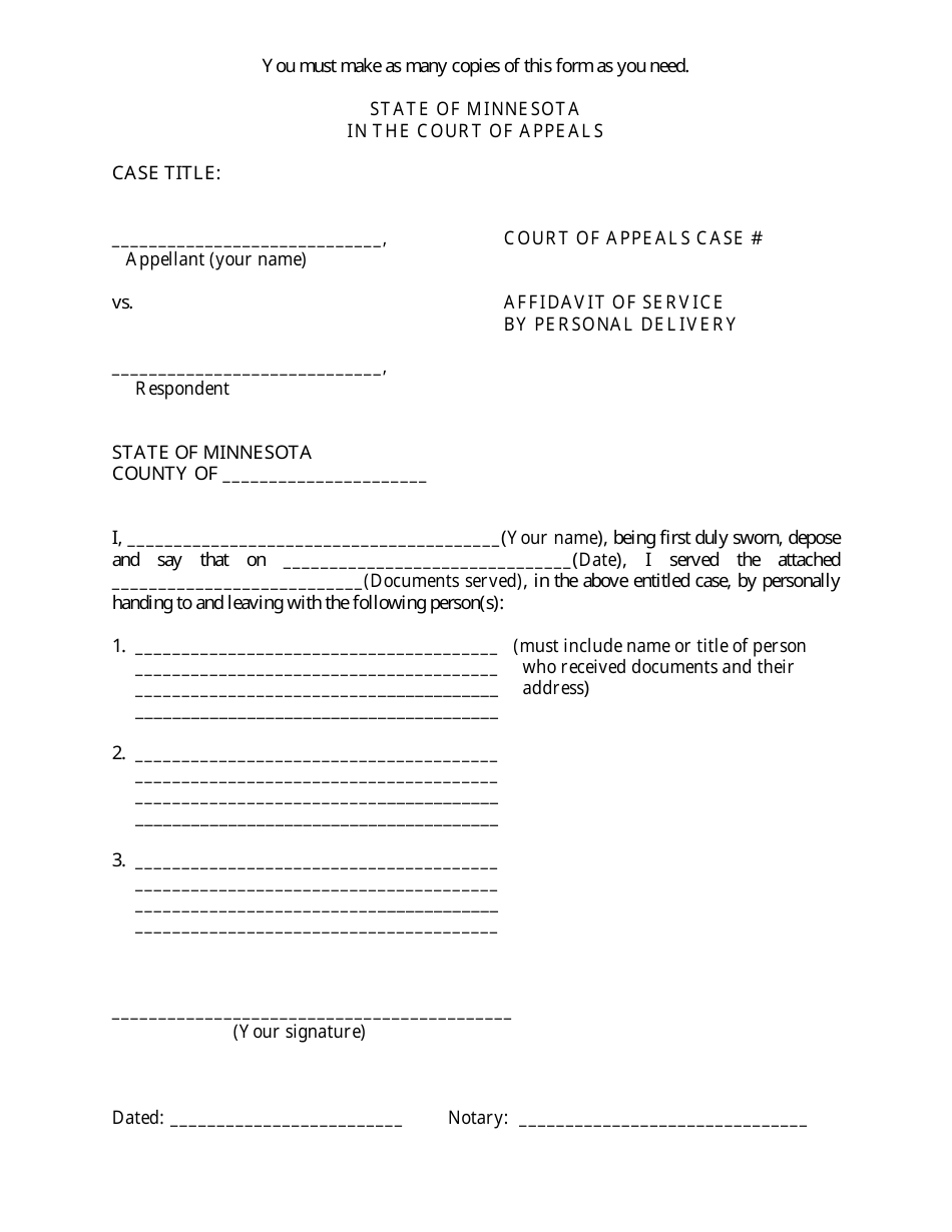 Minnesota Affidavit of Service by Personal Delivery - Fill Out, Sign ...