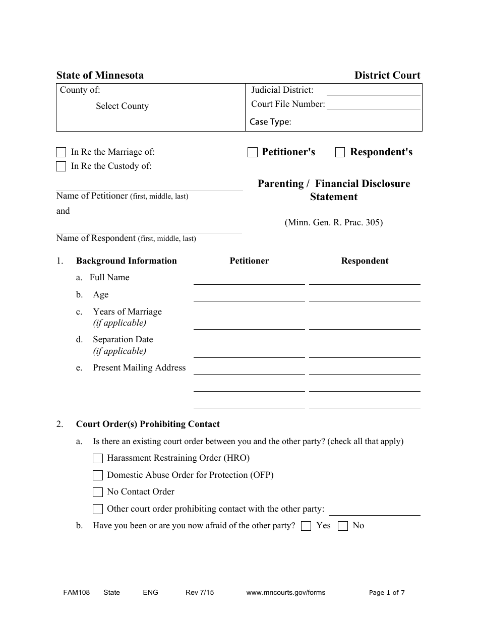 Form FAM108 - Fill Out, Sign Online and Download Fillable PDF, Minnesota | Templateroller
