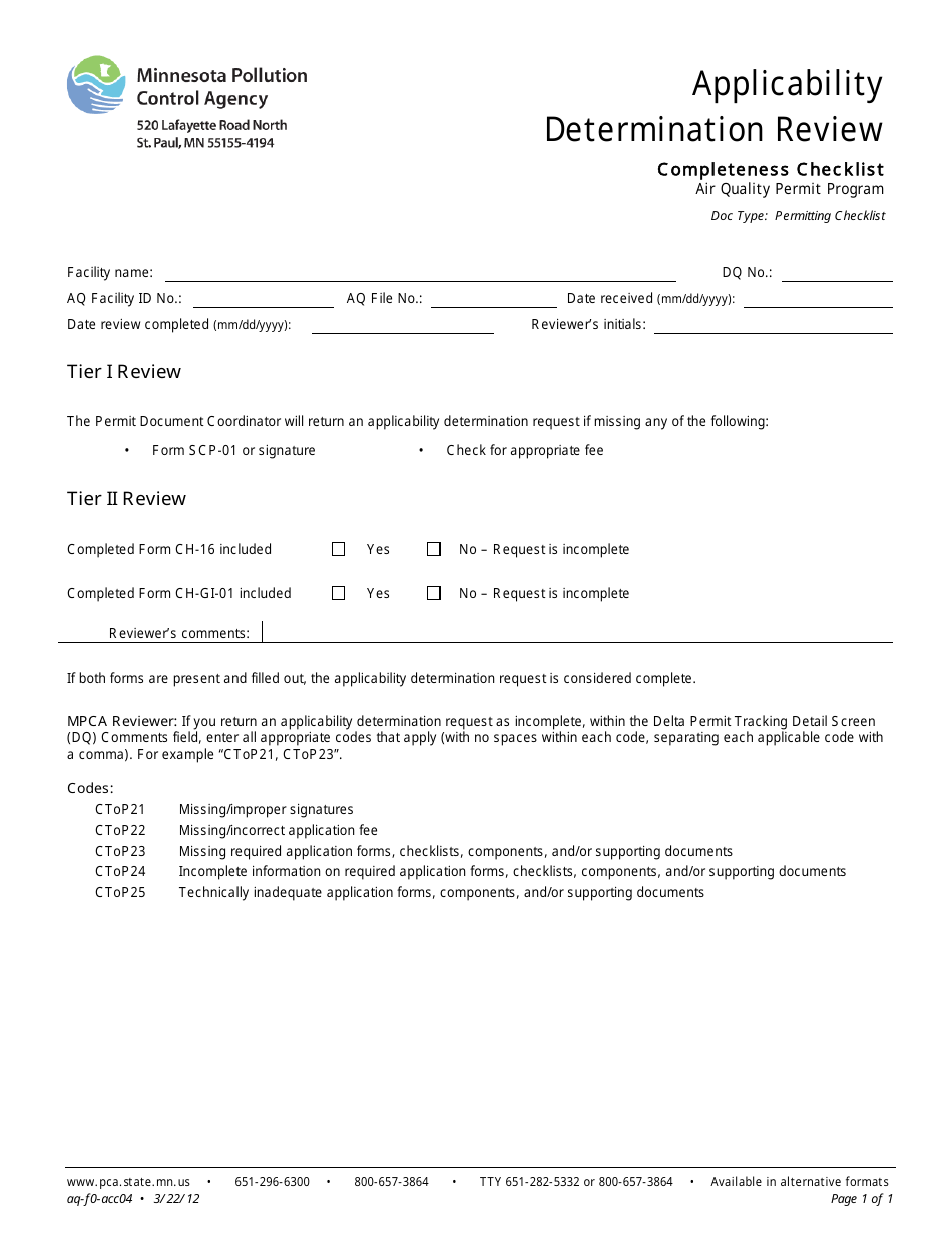 Minnesota Applicability Determination Review Completeness Checklist ...