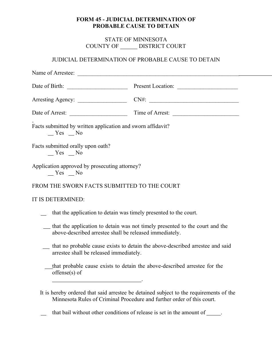 Form 45 - Fill Out, Sign Online and Download Printable PDF, Minnesota ...
