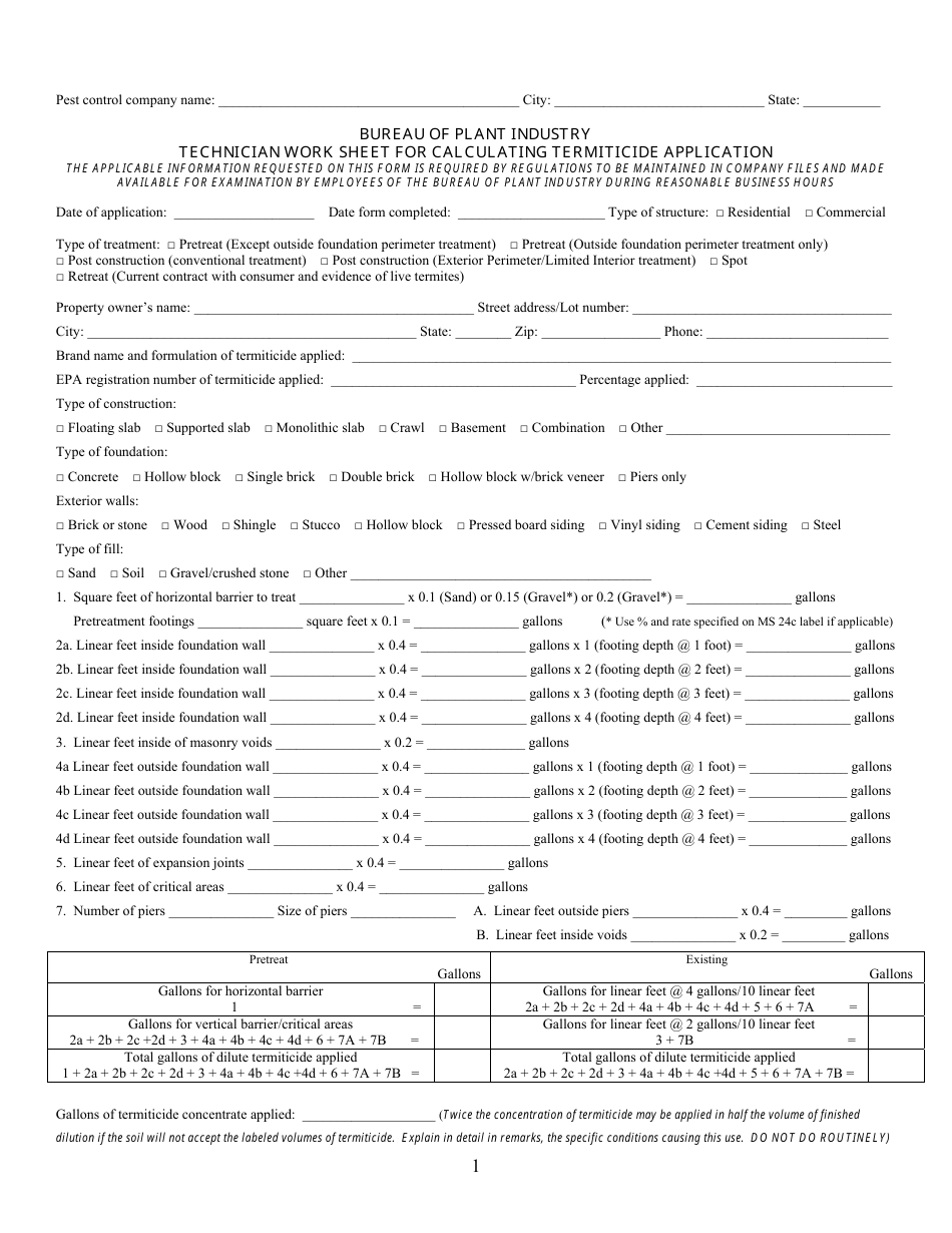 Mississippi Technician Work Sheet for Calculating Termiticide ...