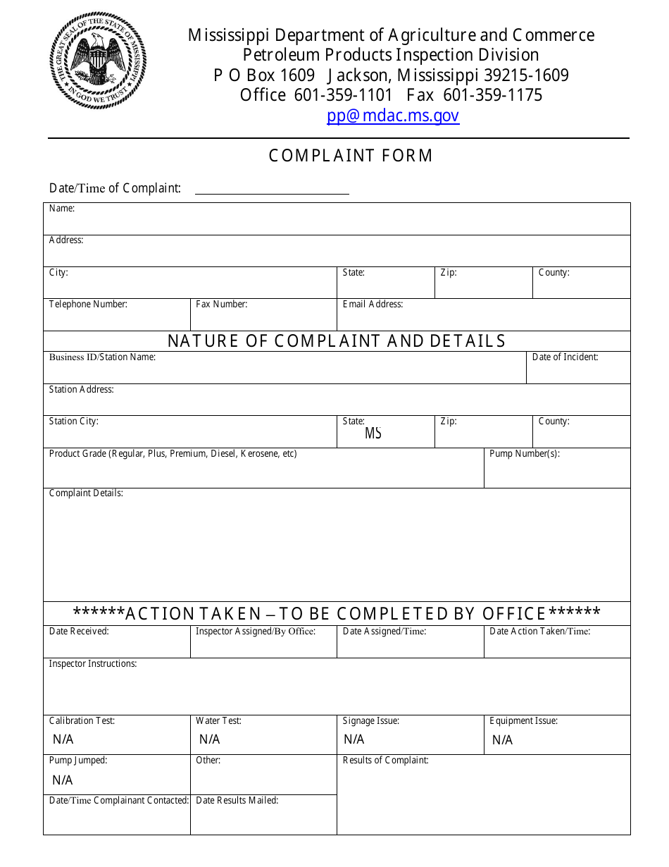 Mississippi Complaint Form - Fill Out, Sign Online and Download PDF | Templateroller