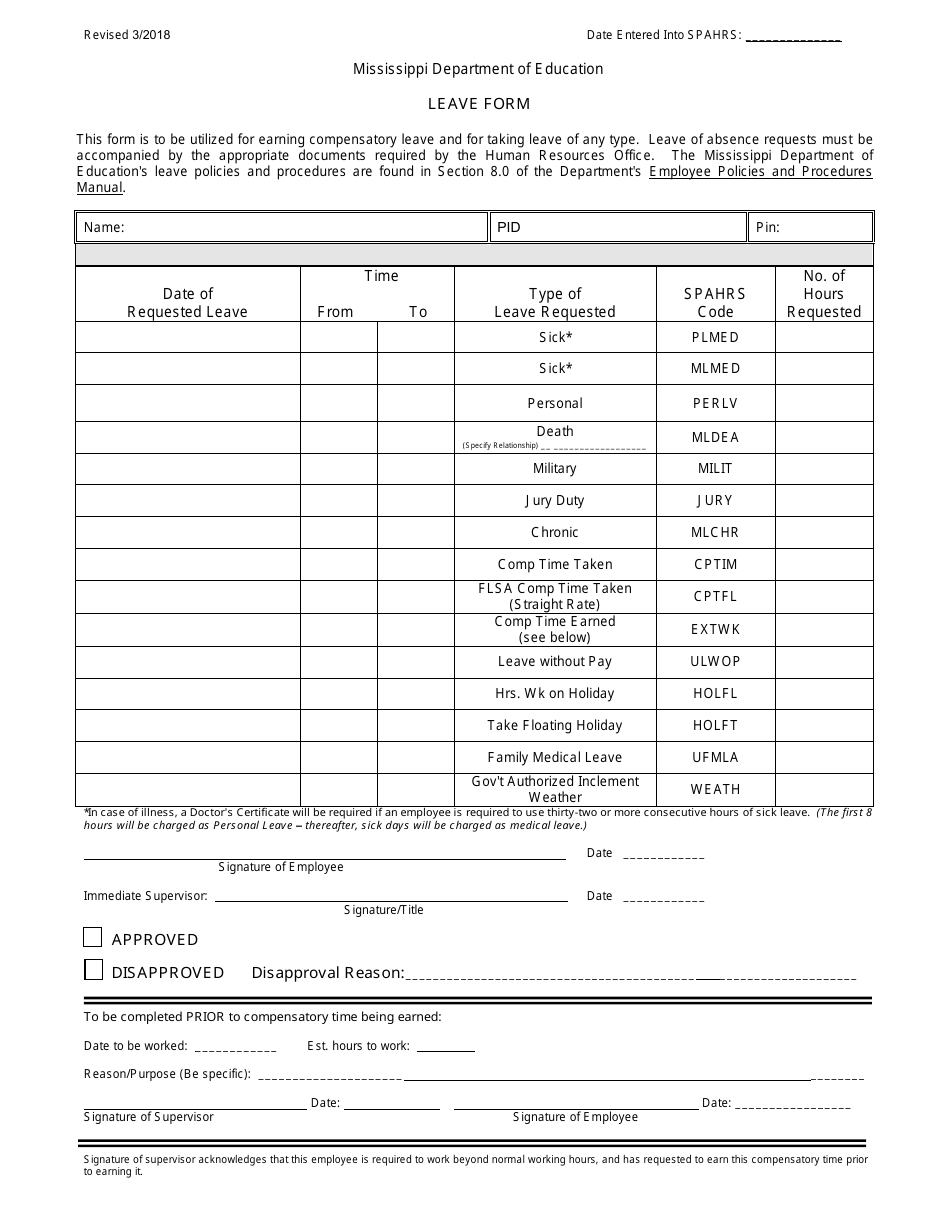 Mississippi Leave Form - Fill Out, Sign Online and Download PDF | Templateroller