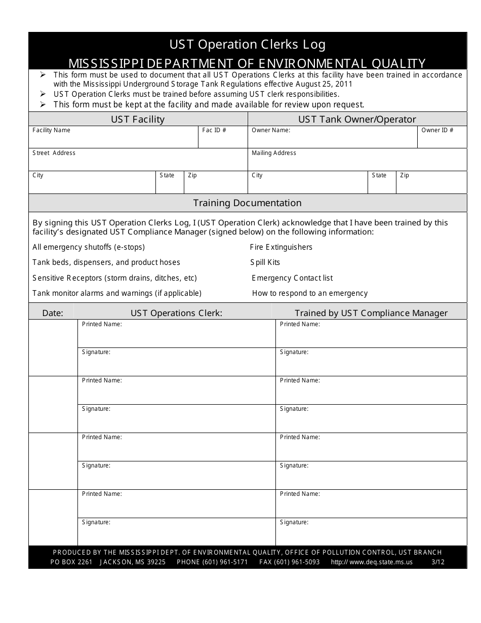 Mississippi Ust Operation Clerks Log - Fill Out, Sign Online and ...