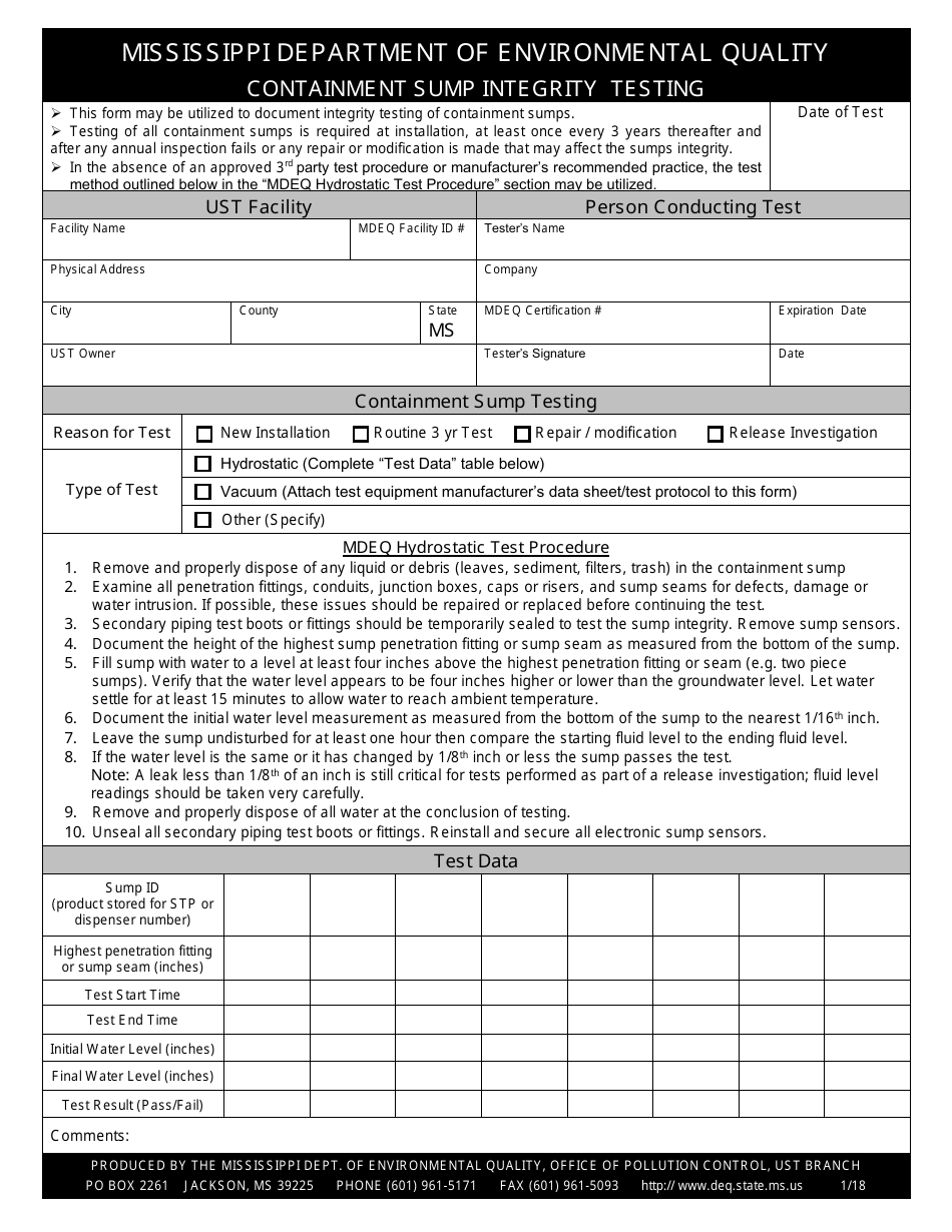 Mississippi Containment Sump Integrity Testing Form - Fill Out, Sign ...