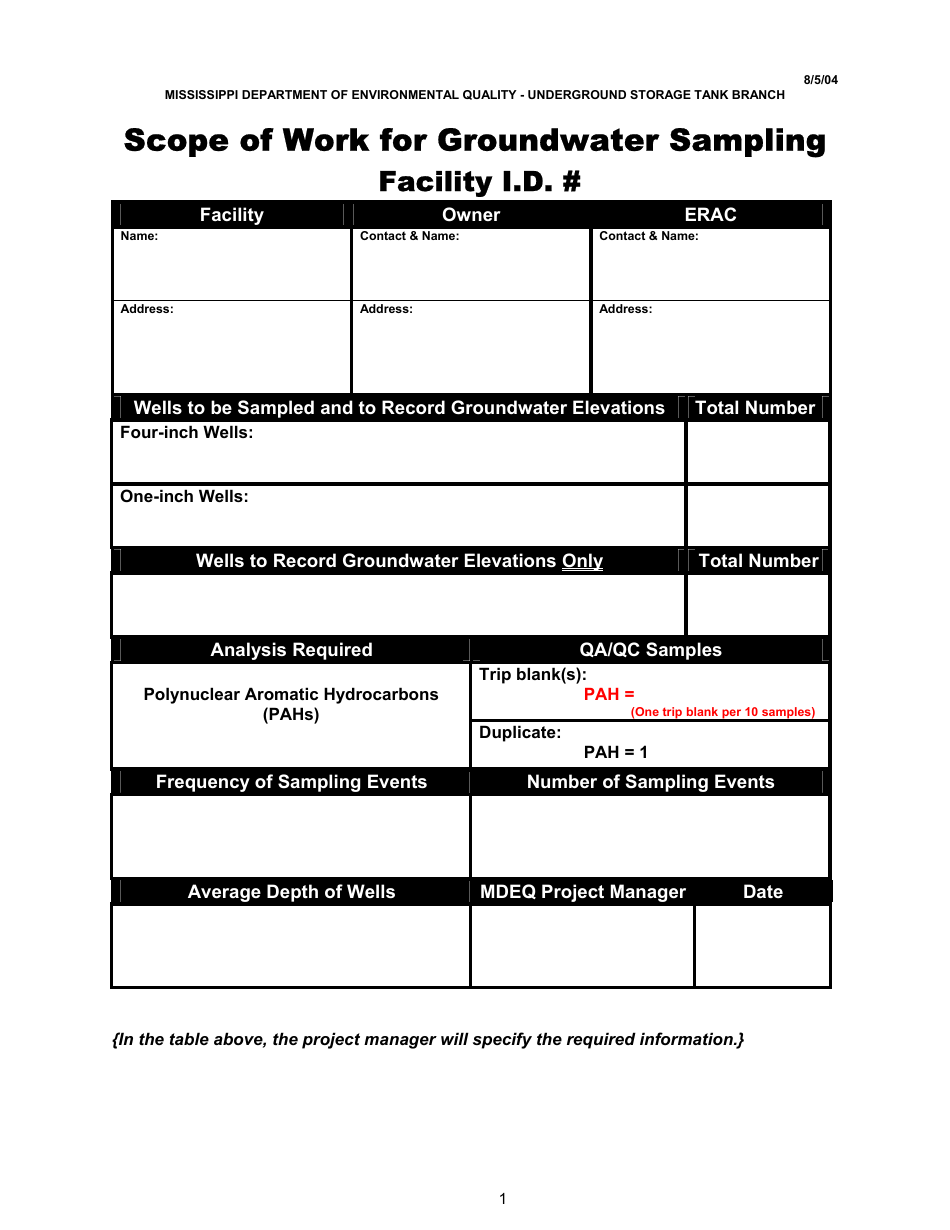 Mississippi Scope of Work for Groundwater Sampling - Pah - Fill Out ...