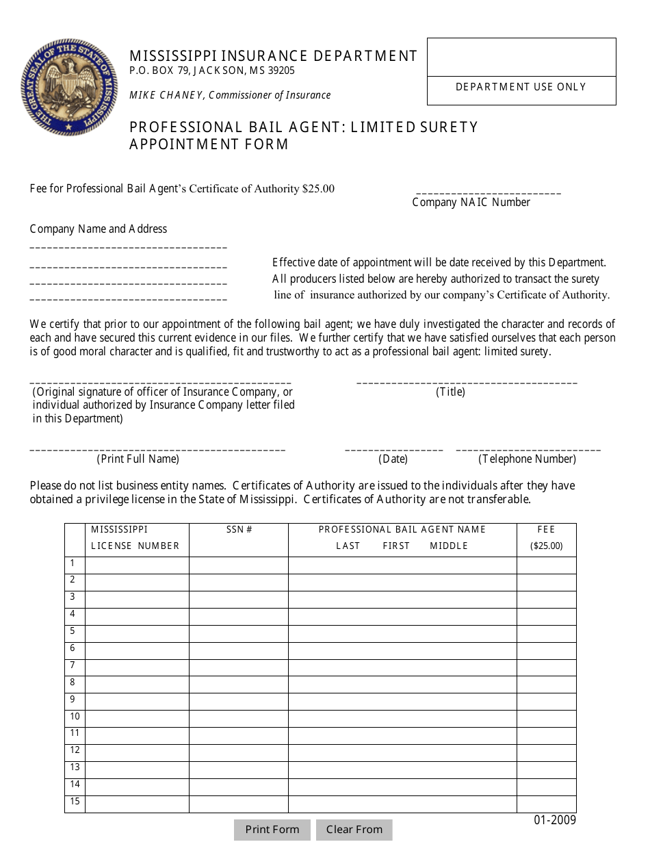 Mississippi Professional Bail Agent: Limited Surety Appointment Form ...