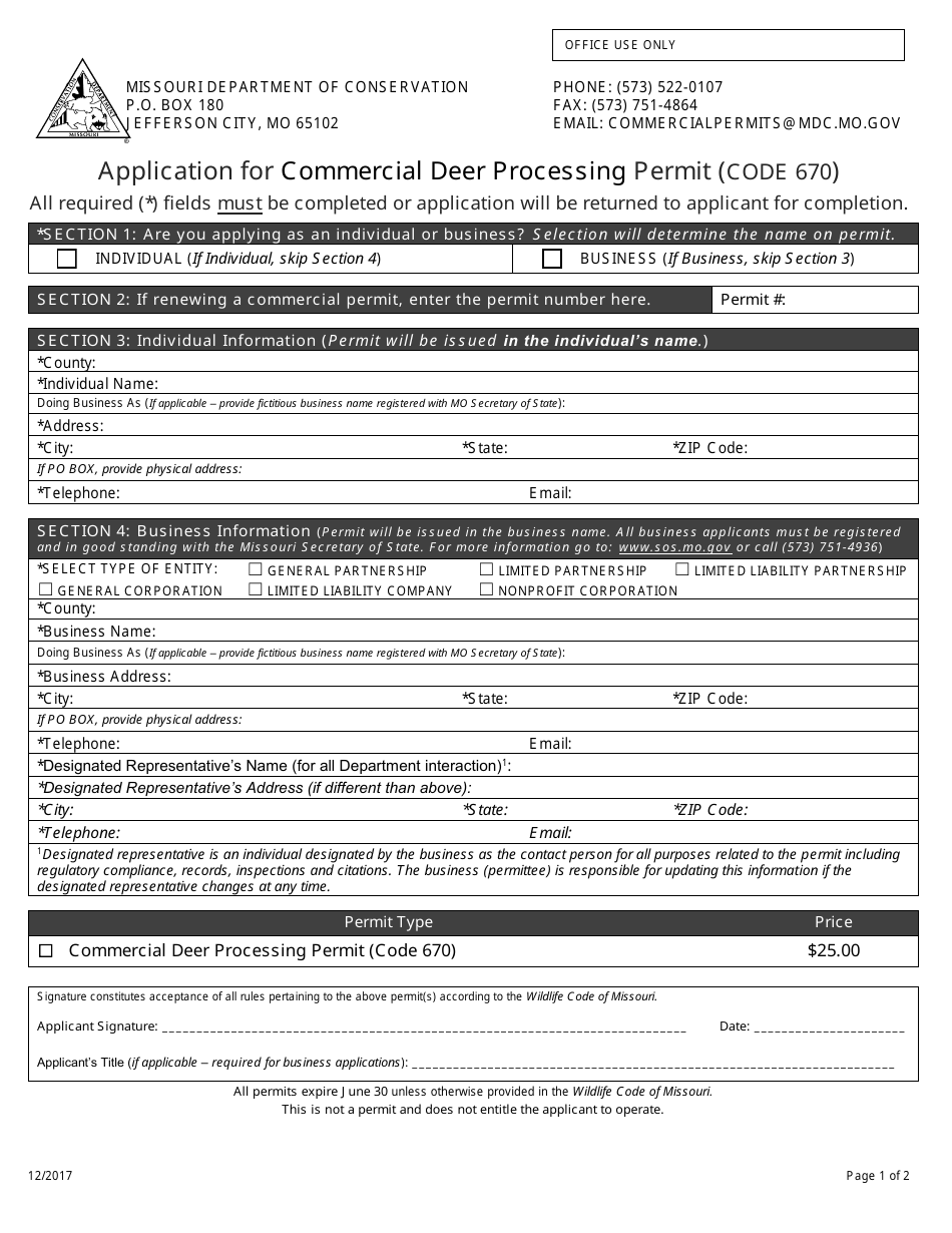 Missouri Application For Commercial Deer Processing Permit Code 670