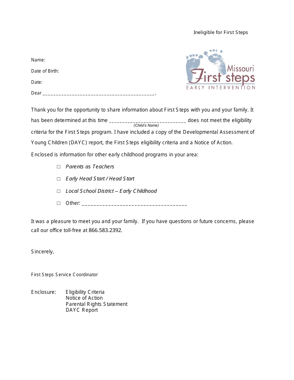 Missouri Ineligible for First Steps Letter - Fill Out, Sign Online and ...