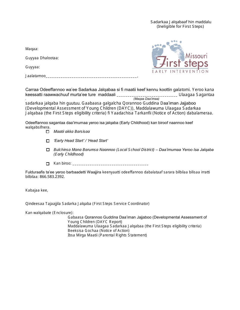 Missouri Ineligible for First Steps Letter (Oromo) - Fill Out, Sign ...