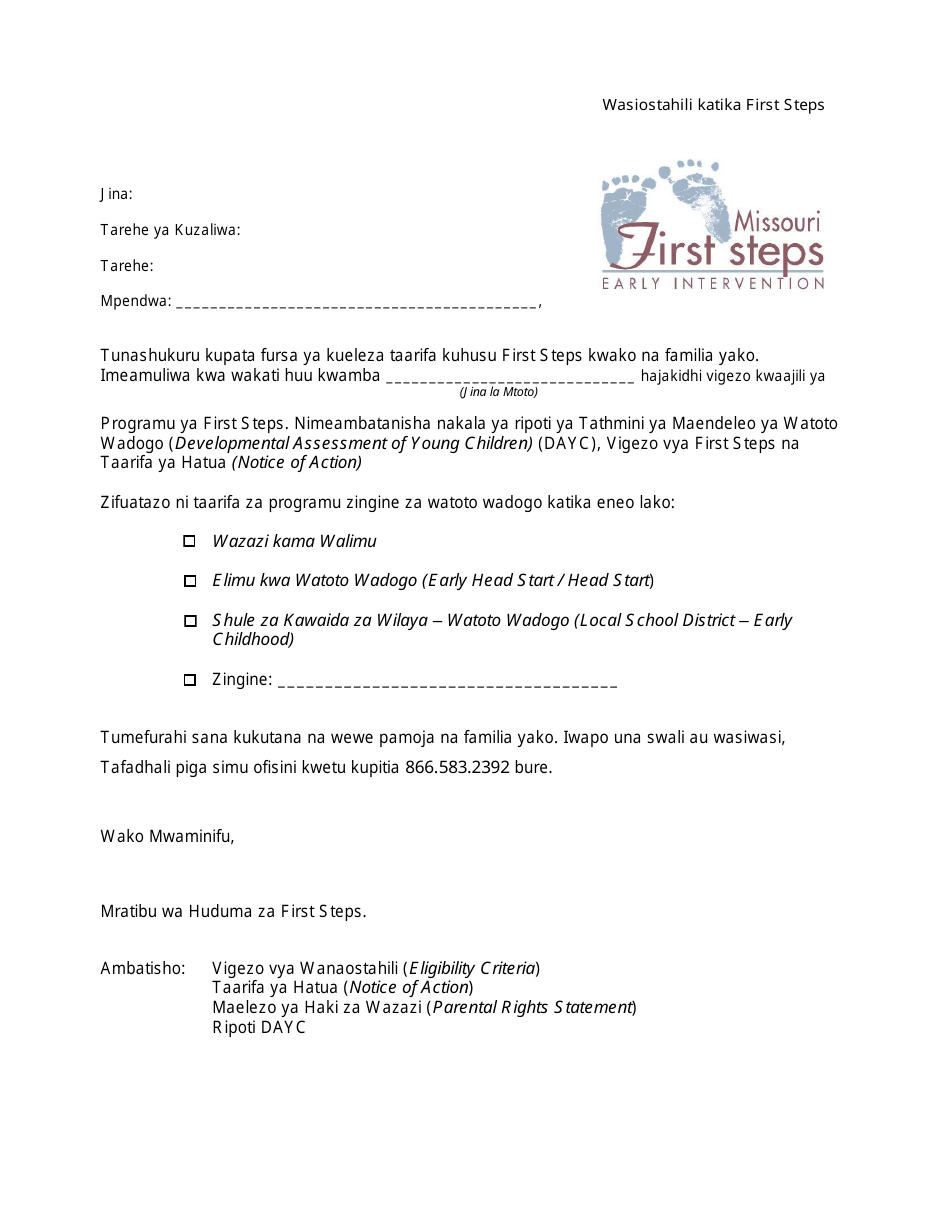 Missouri Ineligible for First Steps Letter (Swahili) - Fill Out, Sign ...