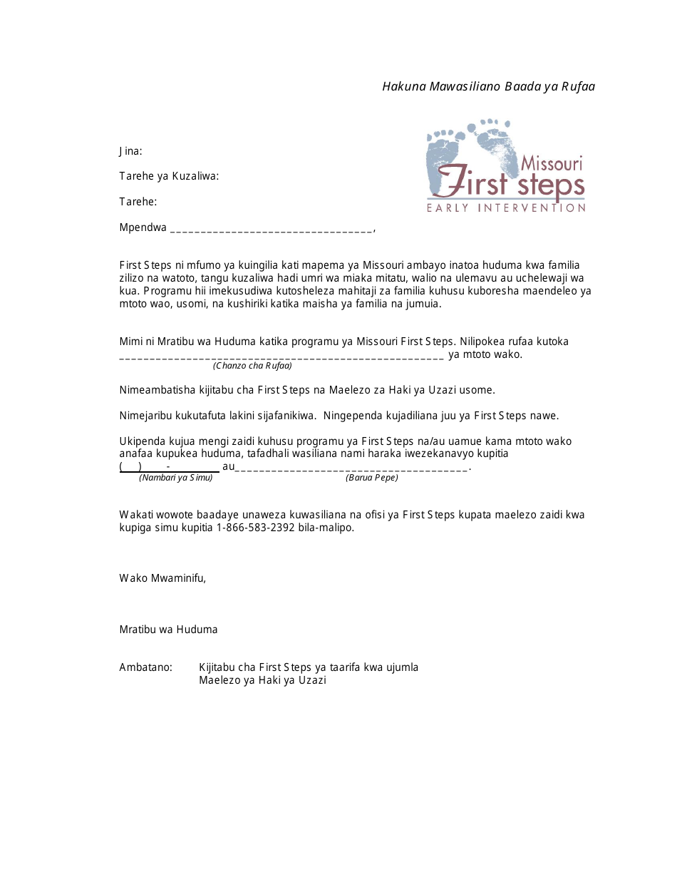 Missouri No Contact After Referral Letter (Swahili) - Fill Out, Sign ...