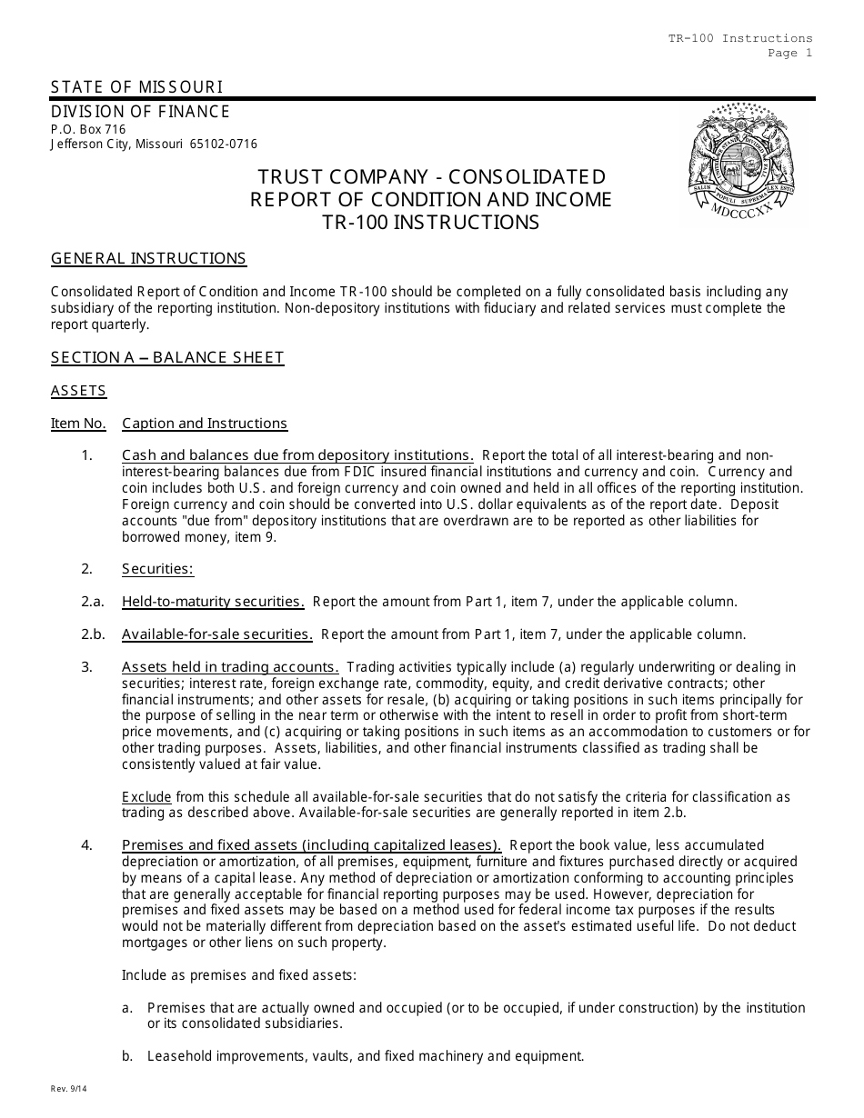 Download Instructions for Form TR-100 Trust Company Consolidated Report ...