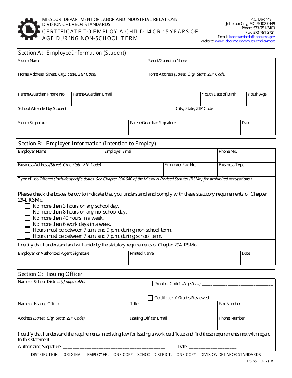 Form LS-68 - Fill Out, Sign Online and Download Fillable PDF, Missouri ...