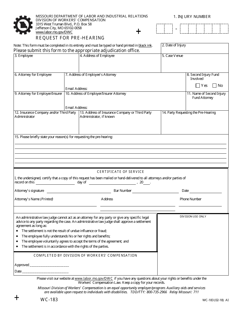 Form WC-183 - Fill Out, Sign Online and Download Fillable PDF, Missouri ...