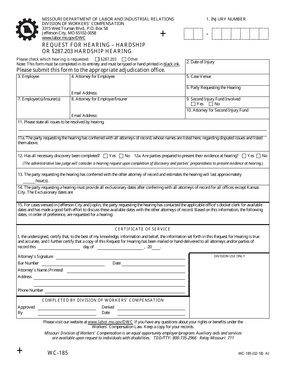Form WC-185 - Fill Out, Sign Online and Download Fillable PDF, Missouri ...