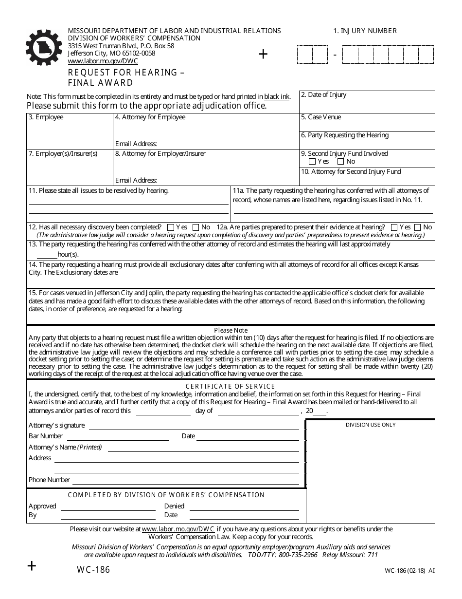 Form WC-186 - Fill Out, Sign Online and Download Fillable PDF, Missouri ...