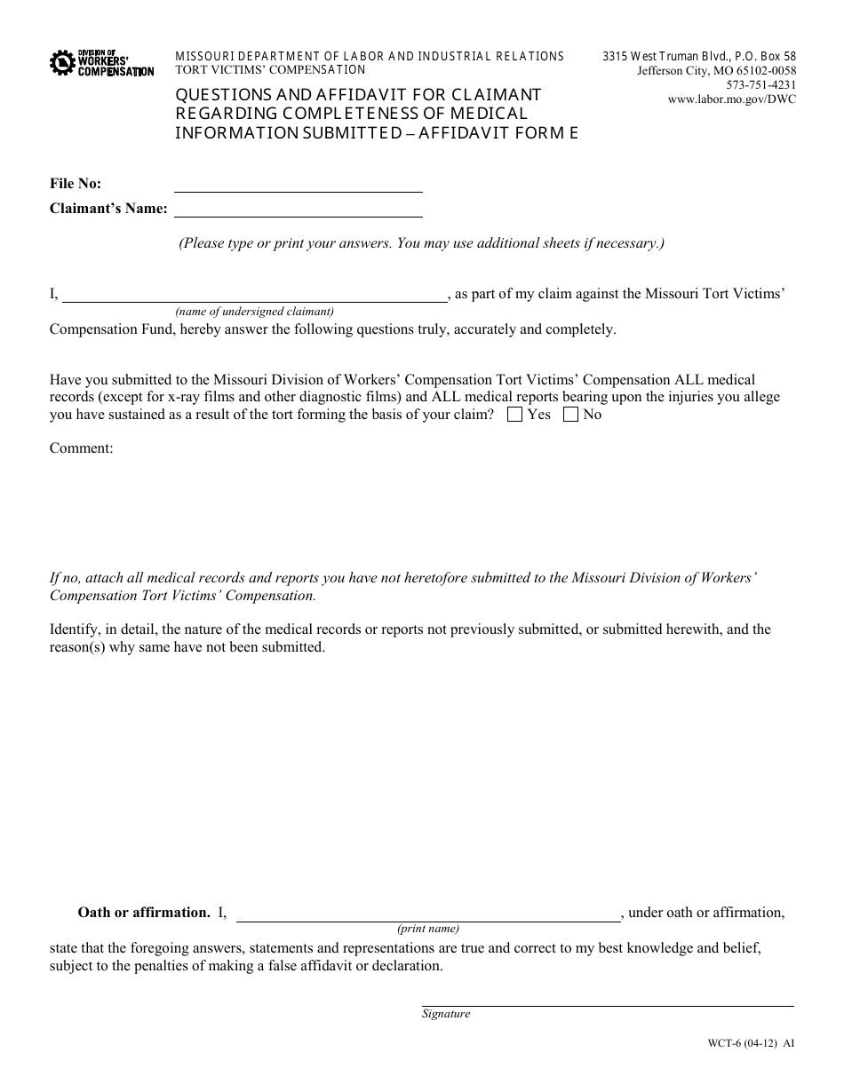 Form WCT-6 - Fill Out, Sign Online and Download Fillable PDF, Missouri ...