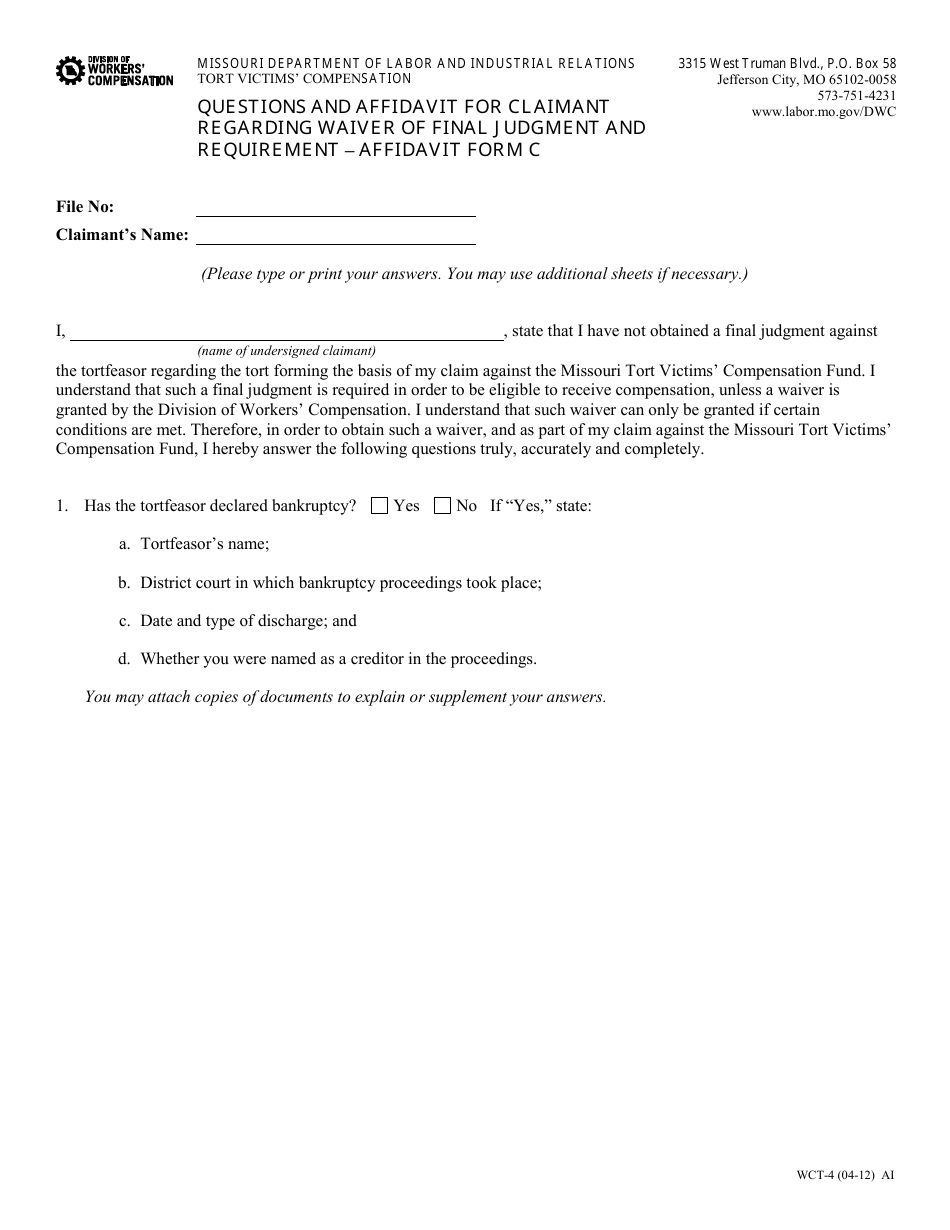 Form WCT-4 - Fill Out, Sign Online and Download Fillable PDF, Missouri ...
