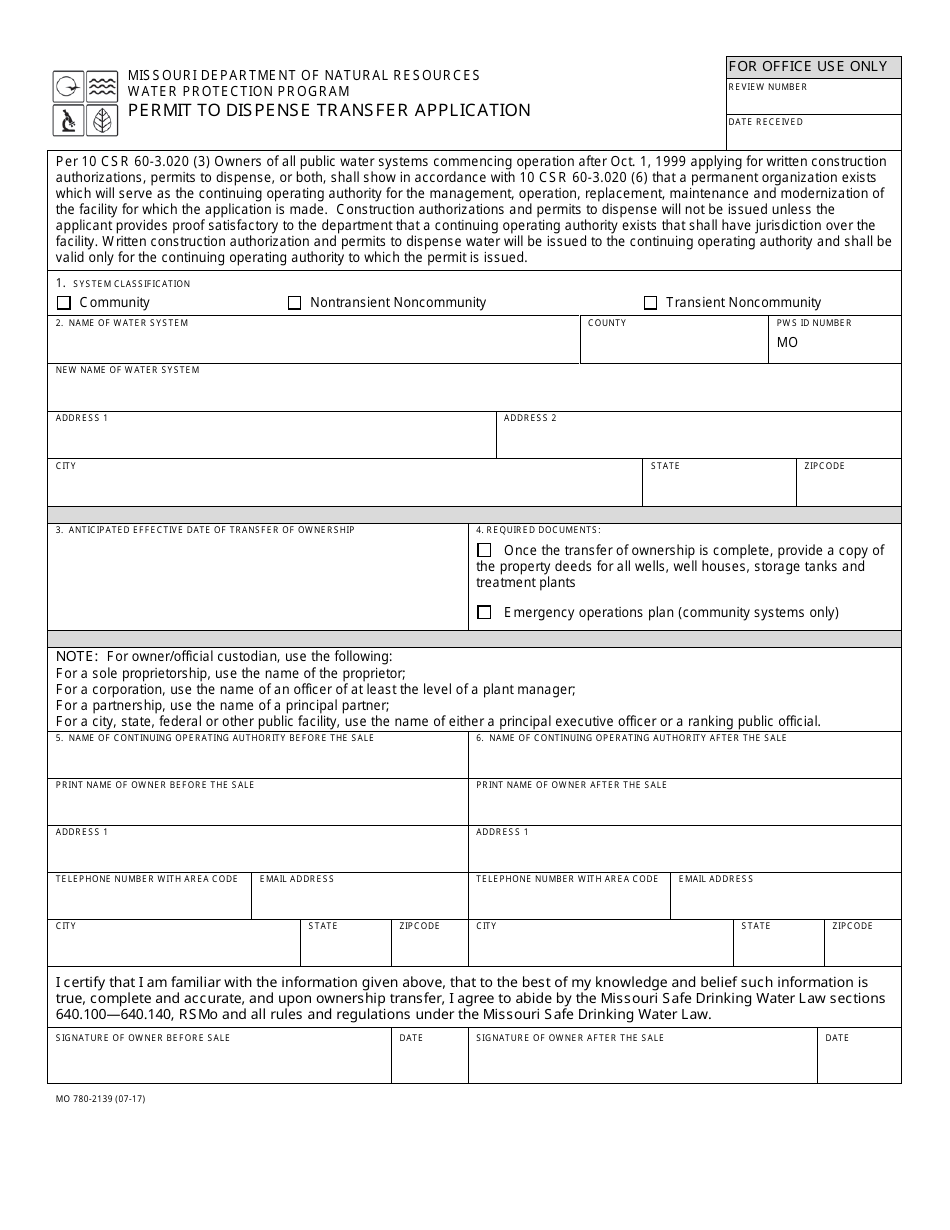 Form MO780-2139 Download Fillable PDF or Fill Online Permit to Dispense Transfer Application ...