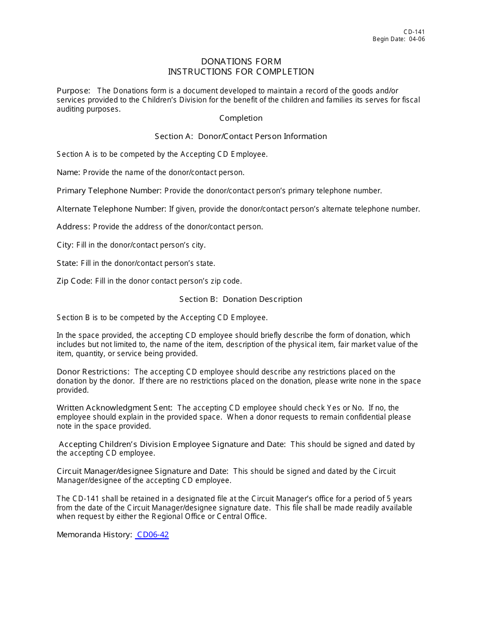 Download Instructions for Form CD-141 Donations Form PDF | Templateroller