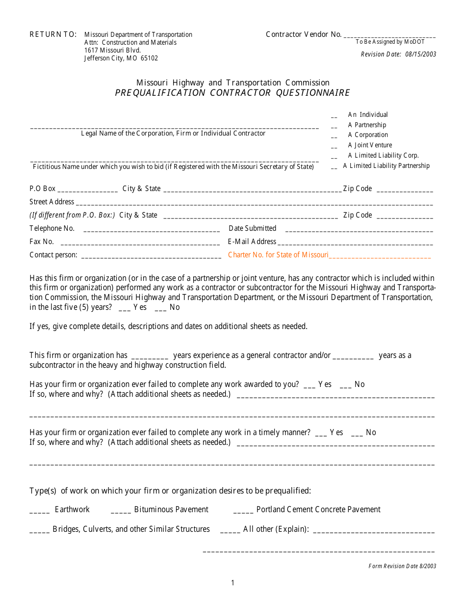 Missouri Prequalification Contractor Questionnaire Form - Fill Out ...