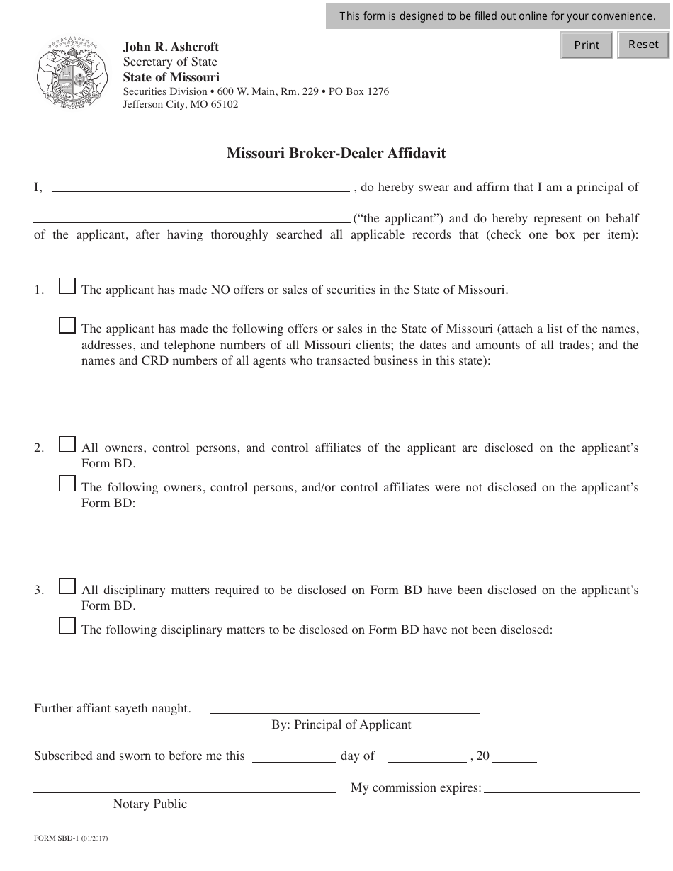 Form SBD-1 - Fill Out, Sign Online and Download Fillable PDF, Missouri ...