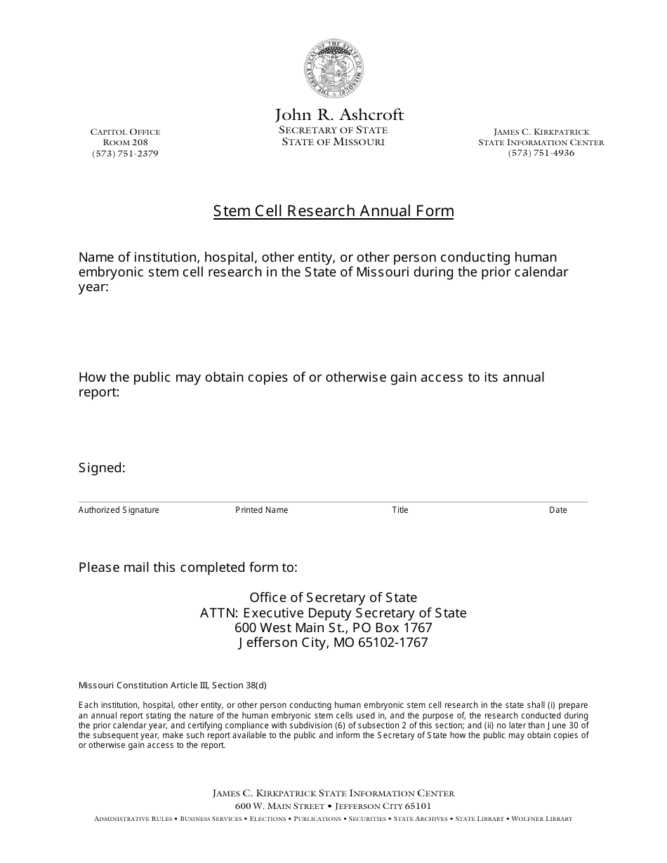 Missouri Stem Cell Research Annual Form - Fill Out, Sign Online and ...