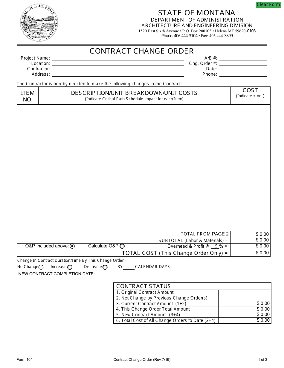 Form 104 Download Fillable PDF or Fill Online Contract Change Order ...