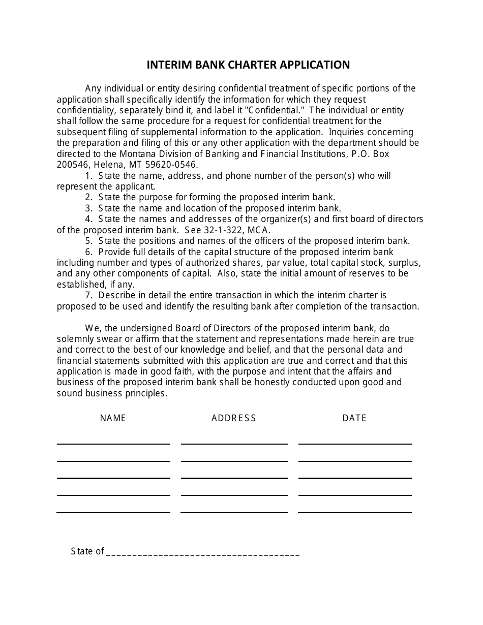 Montana Interim Bank Charter Application - Fill Out, Sign Online and ...