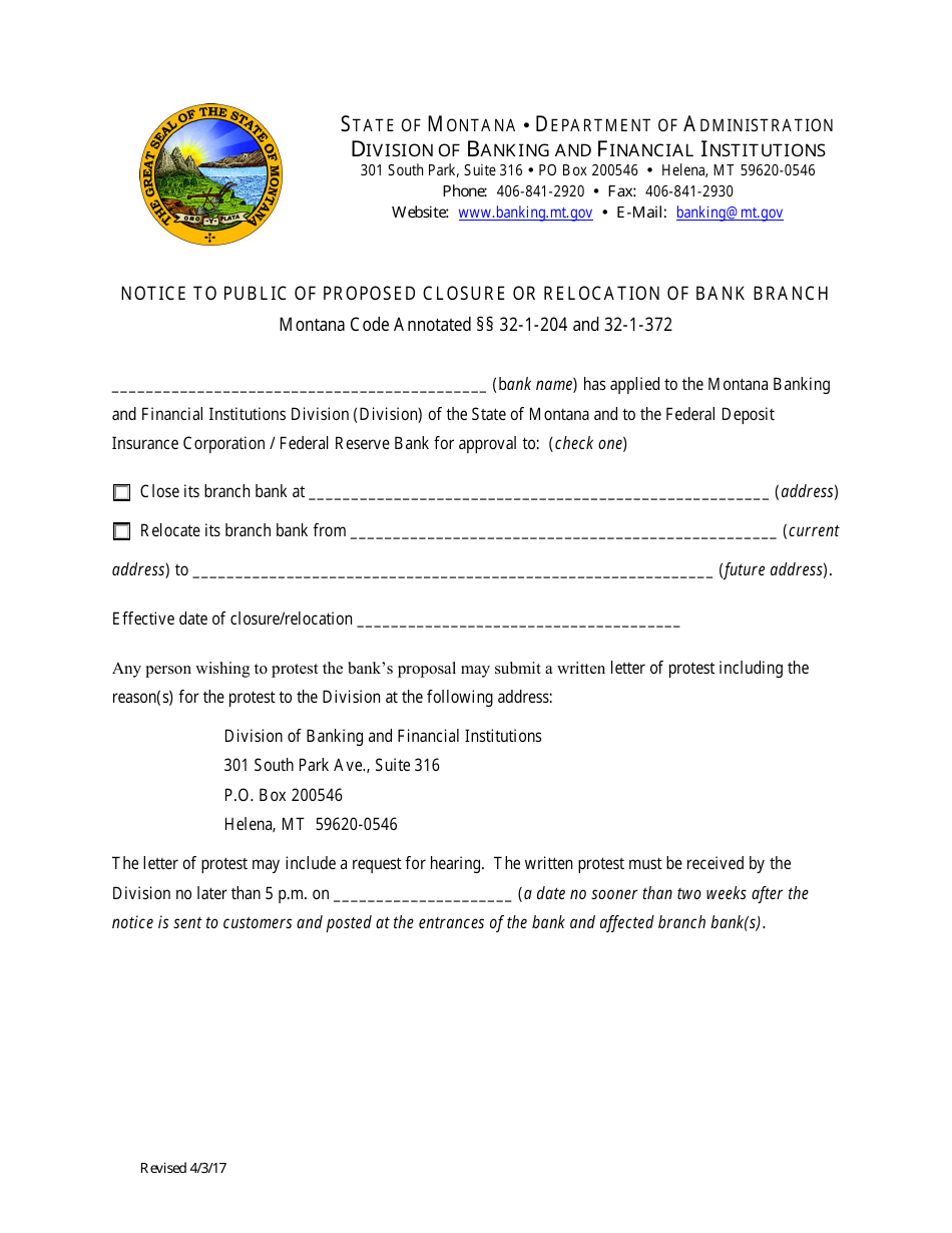 Montana Notice to Public of Proposed Closure or Relocation of Bank ...