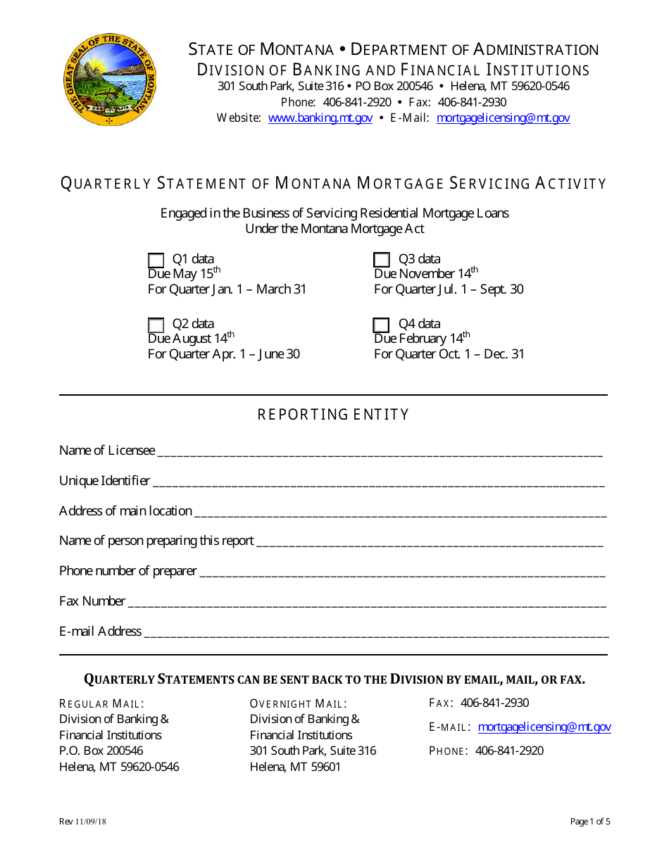 Montana Quarterly Statement of Montana Mortgage Servicing Activity ...