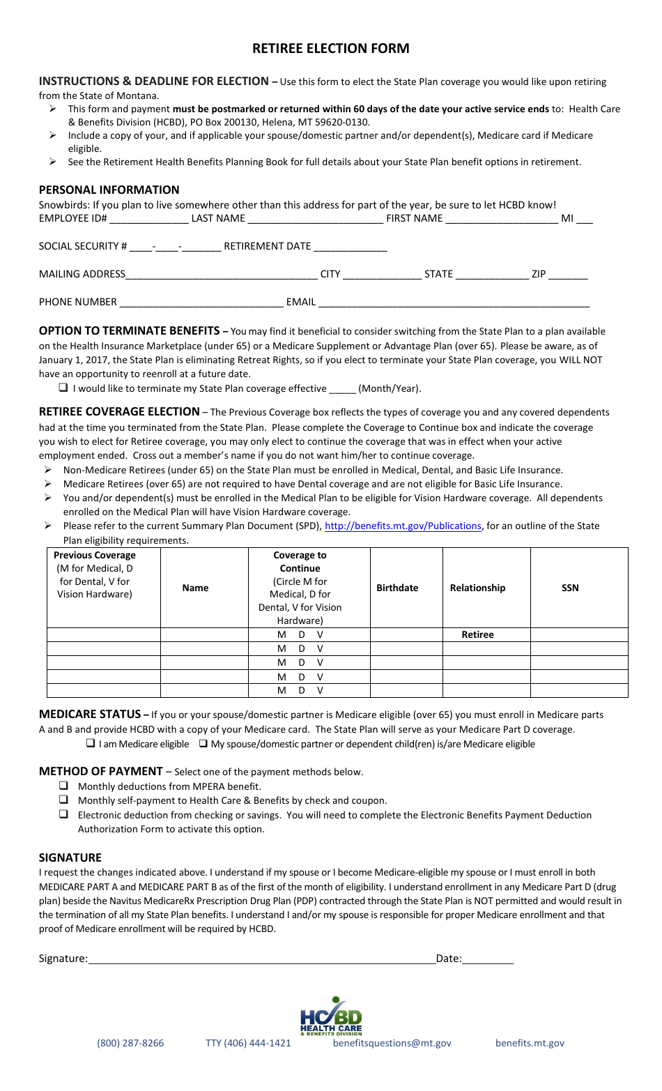 Montana Retiree Election Form - Fill Out, Sign Online and Download PDF ...