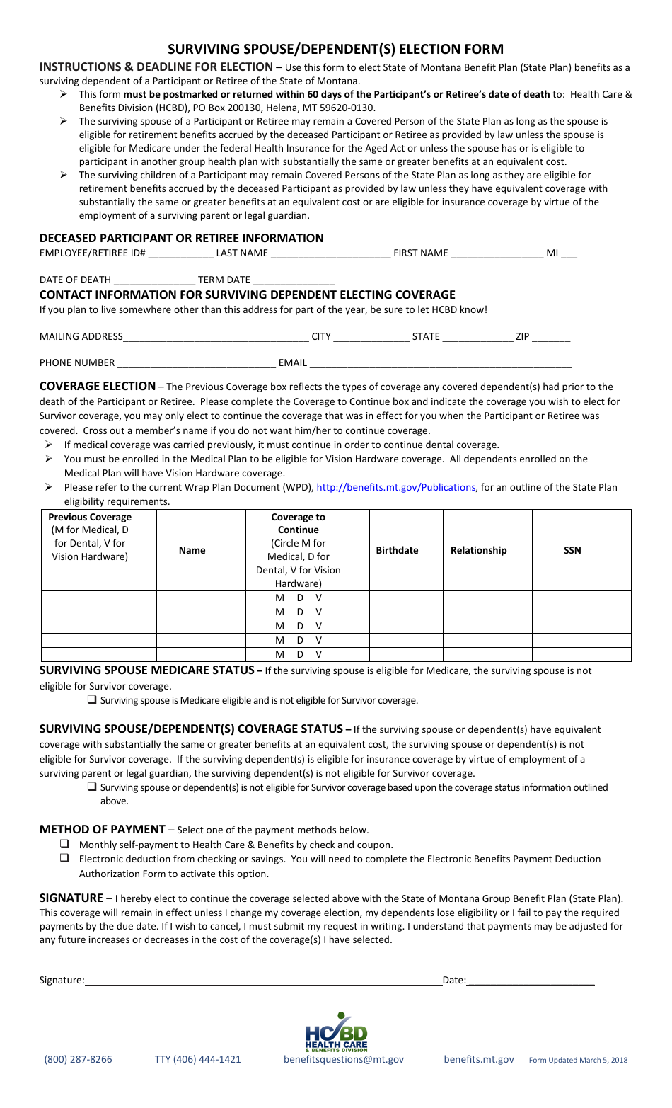 Montana Surviving Spouse/Dependent(s) Election Form - Fill Out, Sign ...