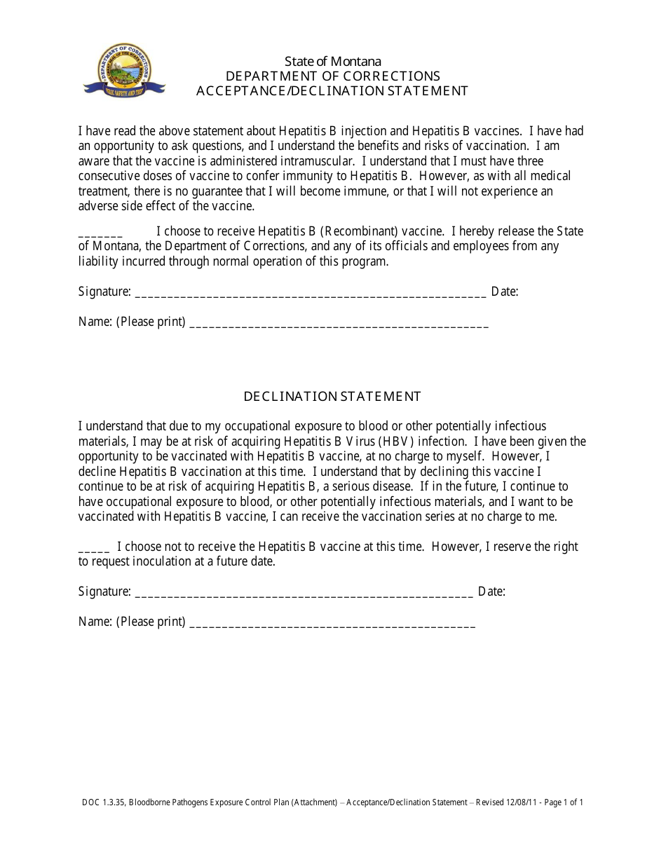 Montana Acceptance/Declination Statement - Fill Out, Sign Online and ...