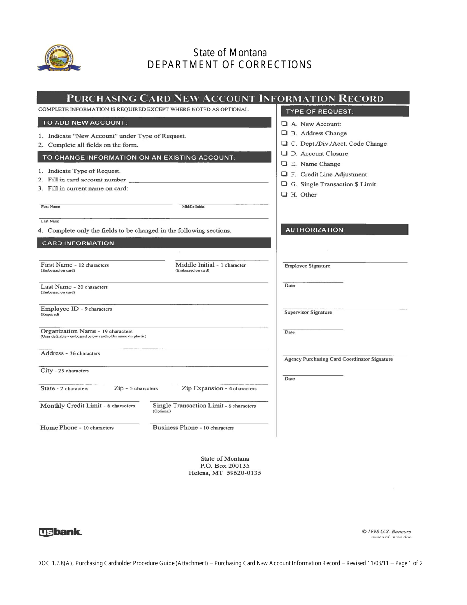 Montana Purchasing Card New Account Information Record Form - Fill Out ...