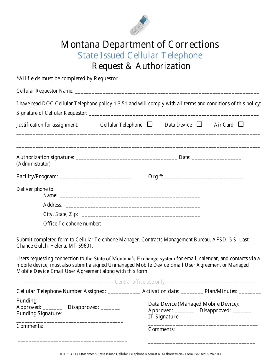 Montana State Issued Cellular Telephone Request & Authorization Form ...