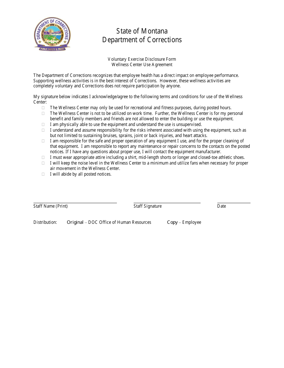Montana Voluntary Exercise Disclosure Form - Wellness Center Use ...
