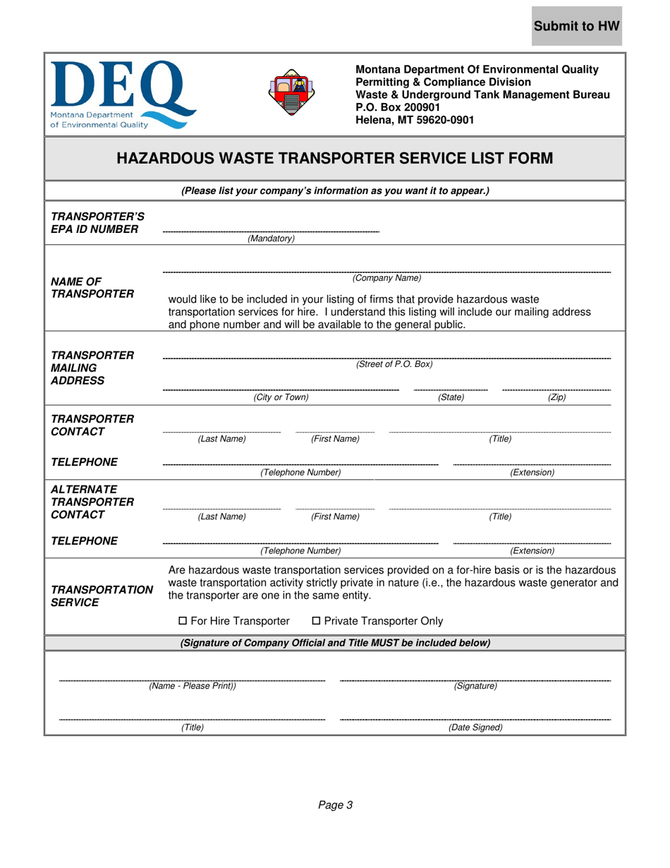 Montana Hazardous Waste Transporter Service List Form Download Fillable PDF | Templateroller