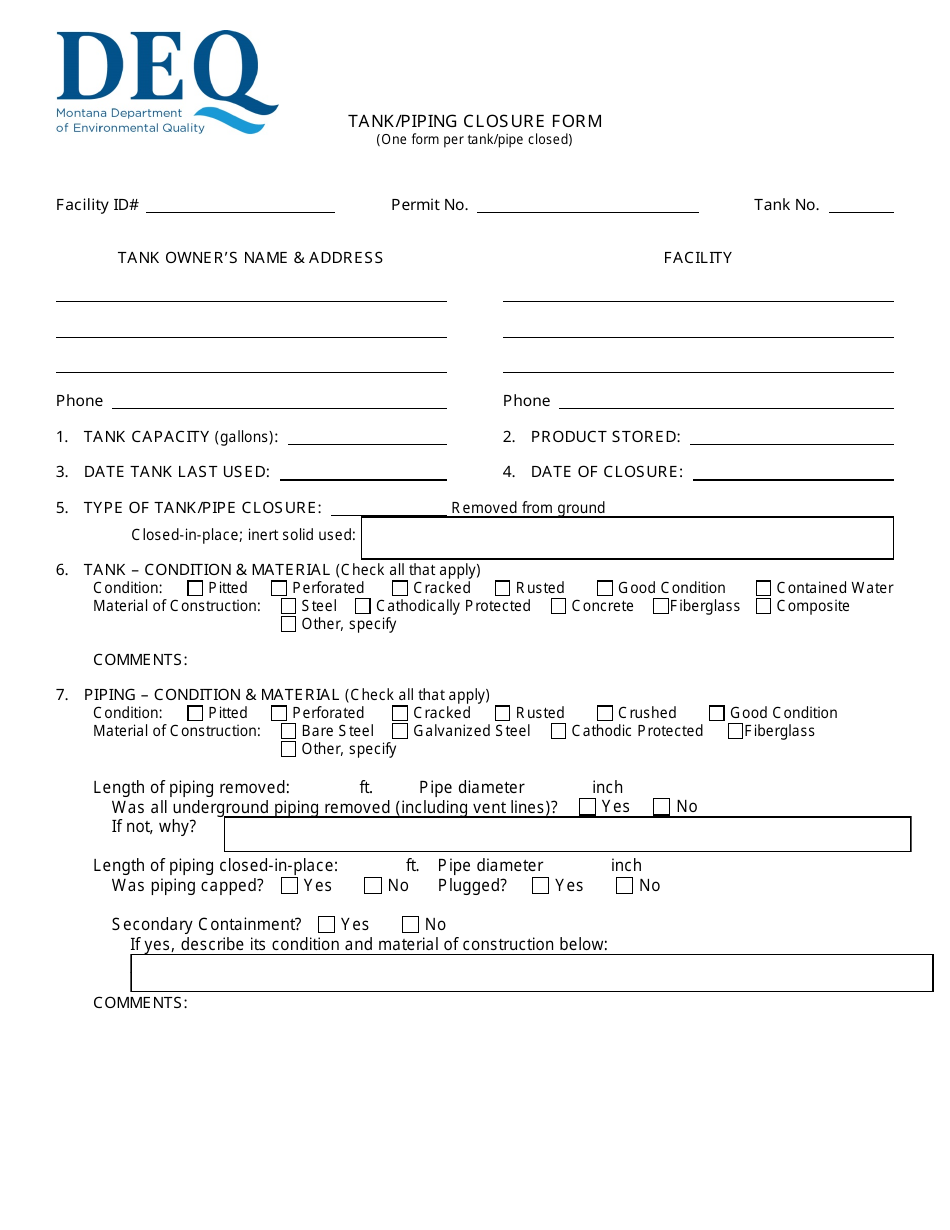 Montana Tank/Piping Closure Form - Fill Out, Sign Online and Download ...