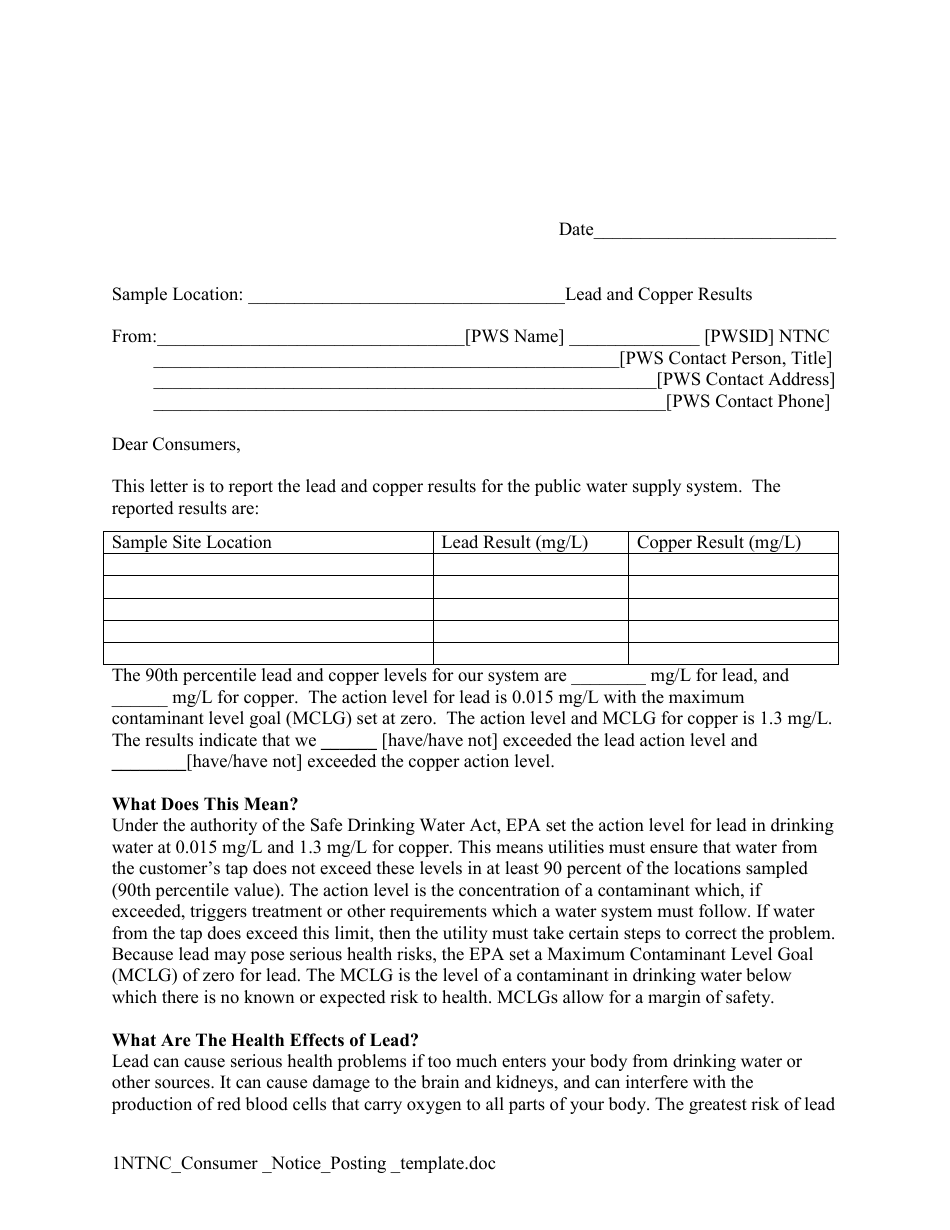 Montana Lead and Copper Consumer Notice Posting Template for Non ...