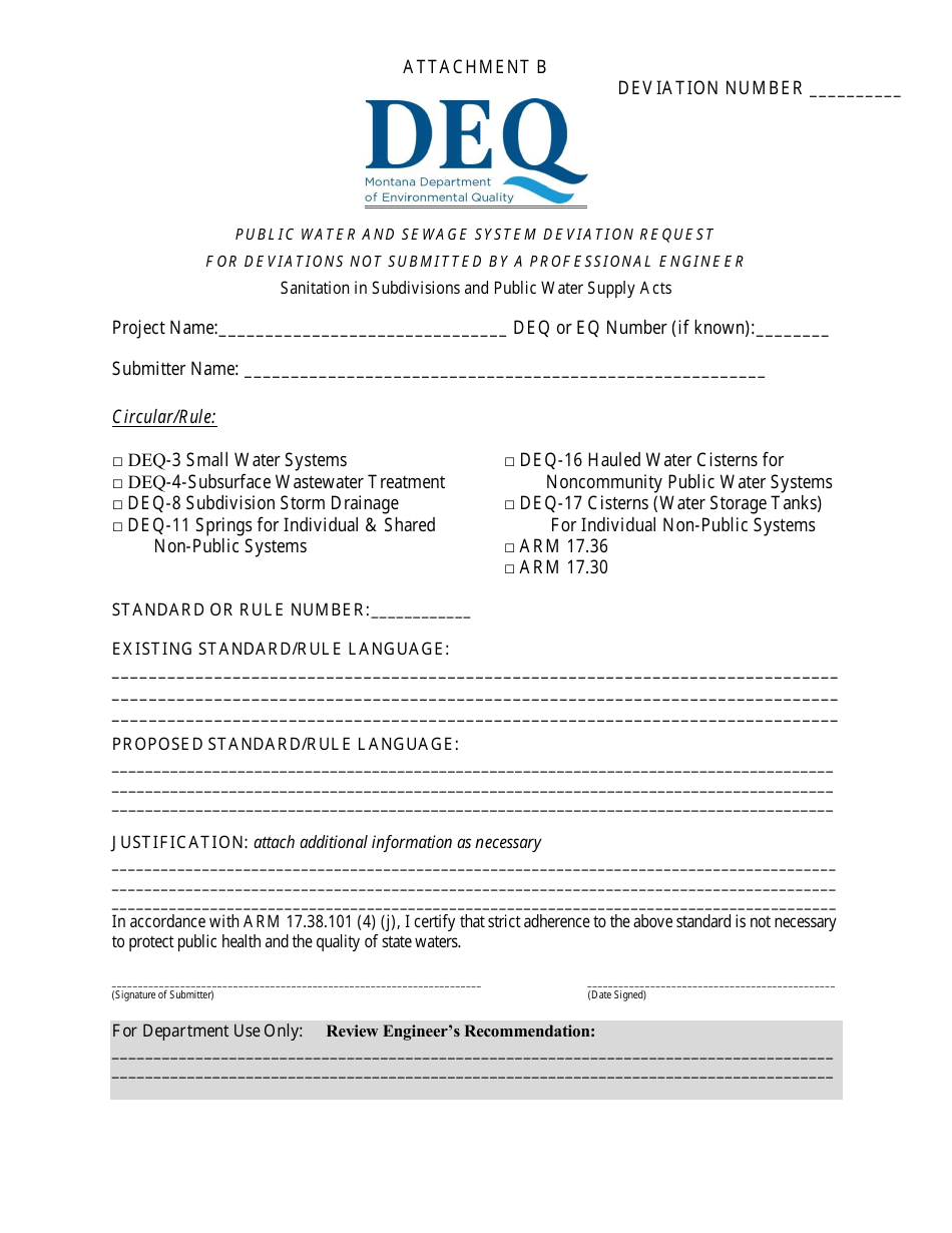 Montana Public Water and Sewage System Deviation Request for Deviations ...
