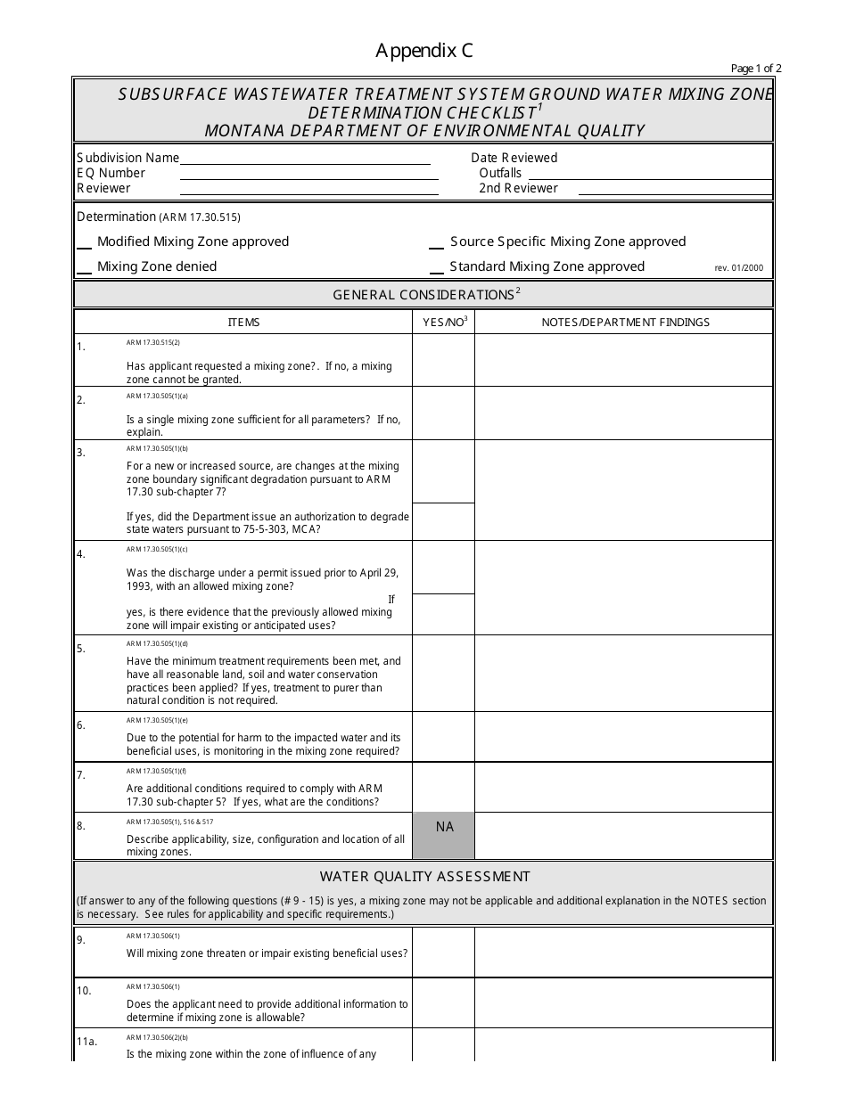Montana Subsurface Wastewater Treatment System Ground Water Mixing Zone ...