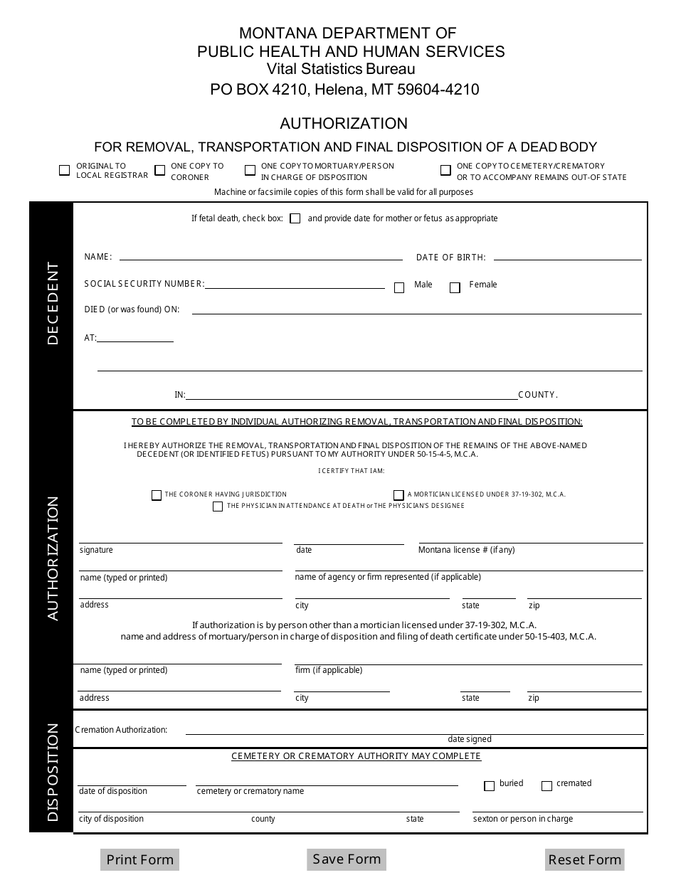 Montana Authorization for Removal, Transportation and Final Disposition ...