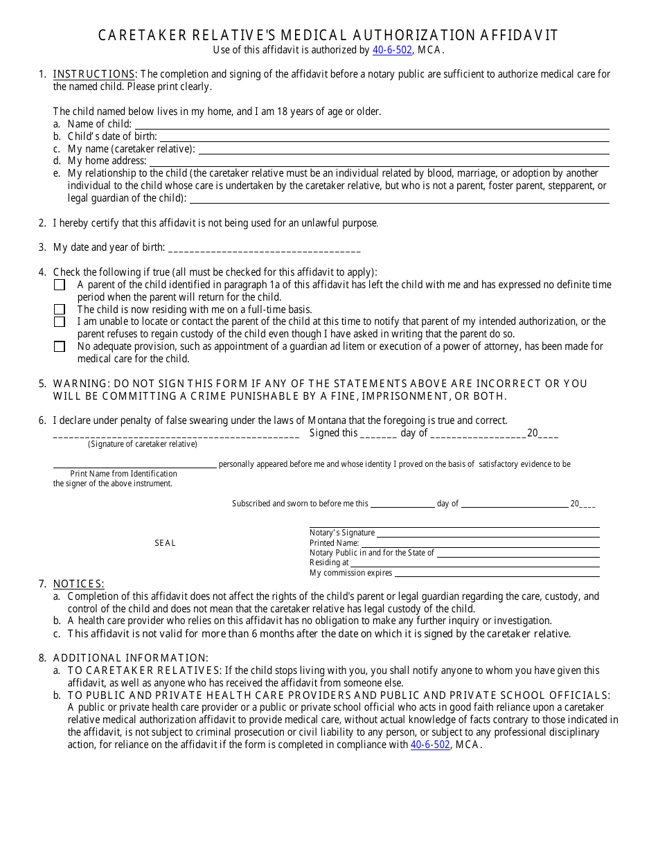 Montana Caretaker Relative's Medical Authorization Affidavit - Fill Out ...